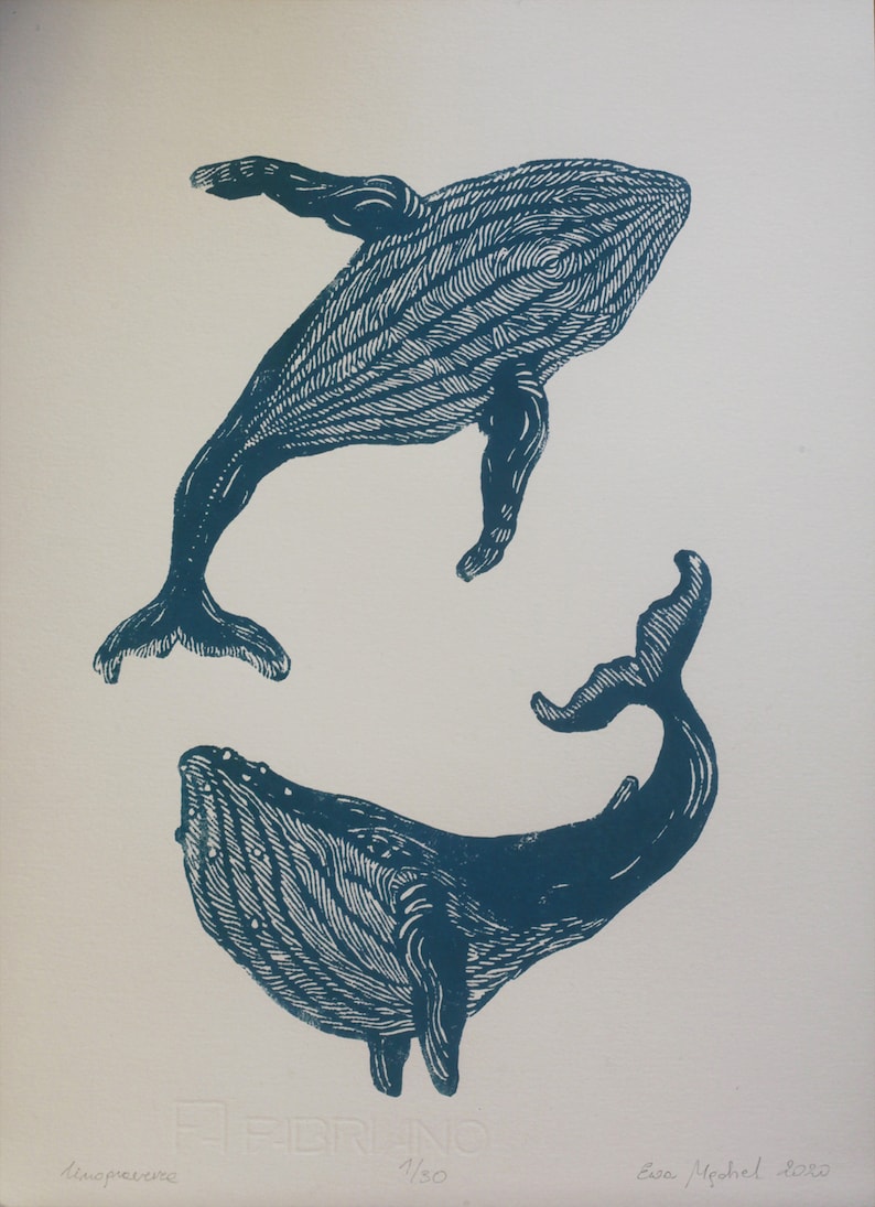 Linocut Print Whales - Original Art Print, Nature Wall Art, Limited ...