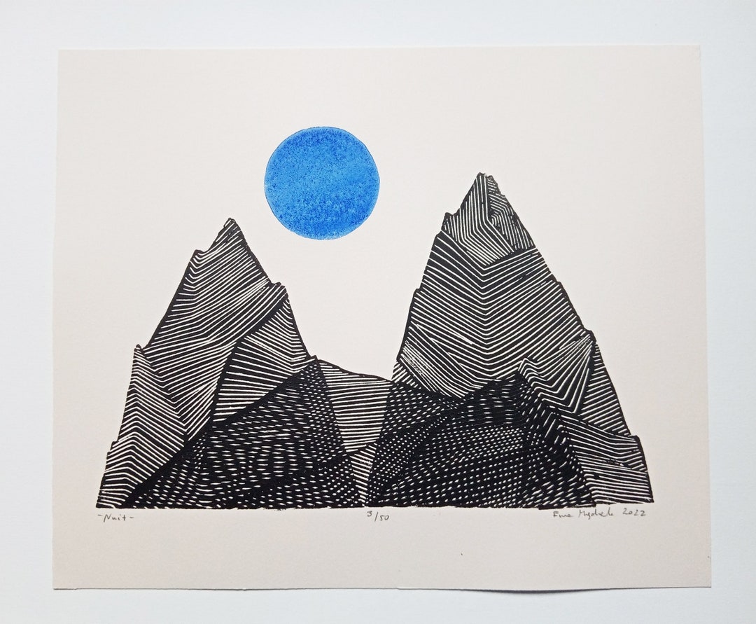 Linocut Night - Original Art Print, Minimalist and Fantastic Landscape ...