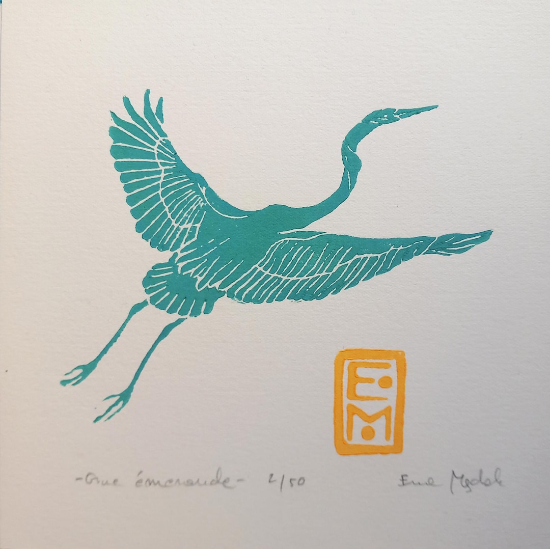 Linocut Crane Emerald Bird, Original Art Print, Nature Art, Limited ...