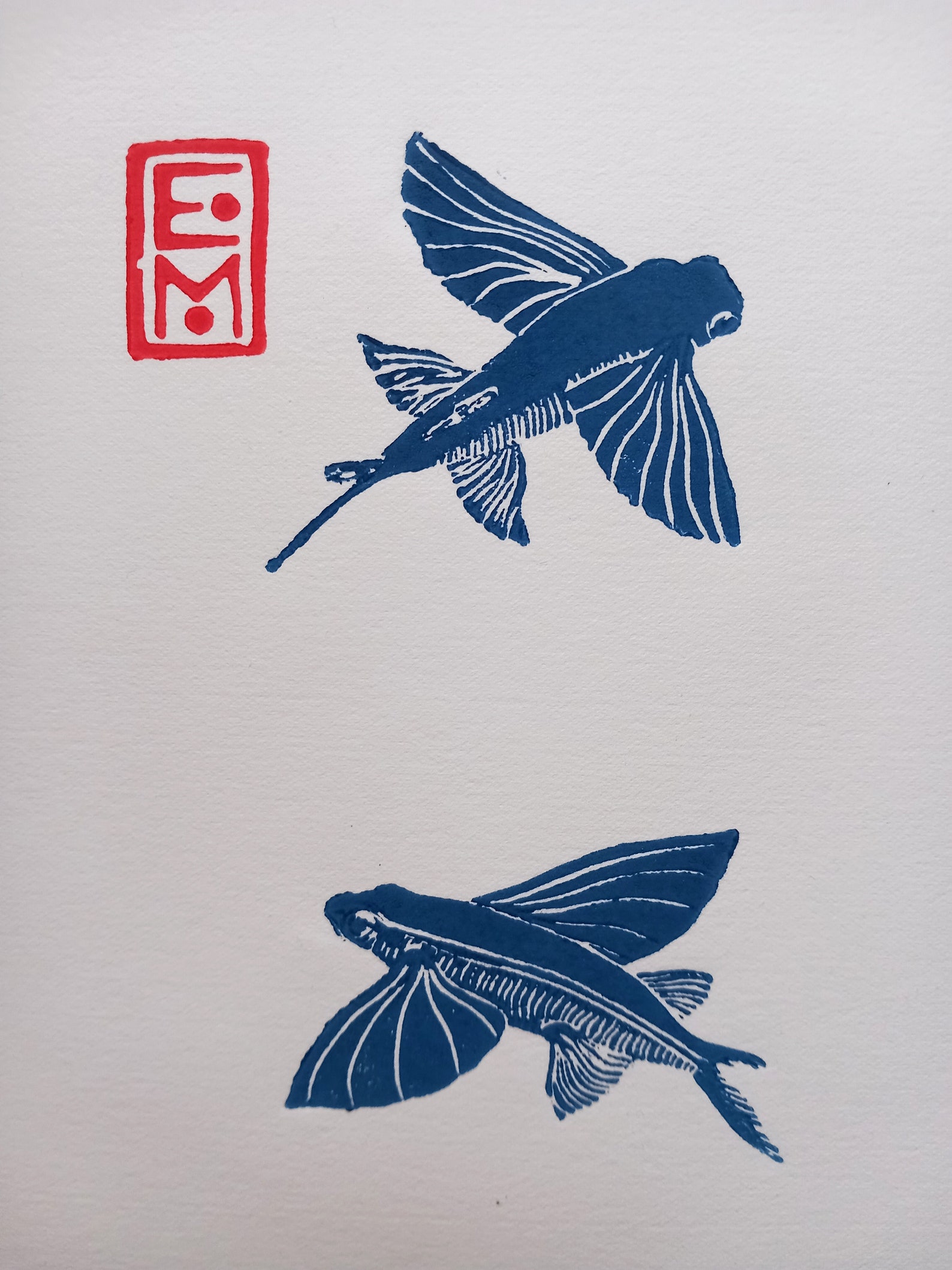 Linocut Flying Fish, Original Art Print, Hand Carved and Printed ...