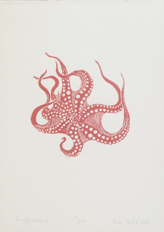 Linocut Octopus Original Art Print Marine Art Hand Carved - Etsy