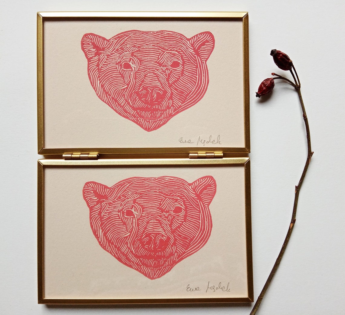 Linocut Bear Portrait - Original Art Print, Wild Animal, Nature Wall ...