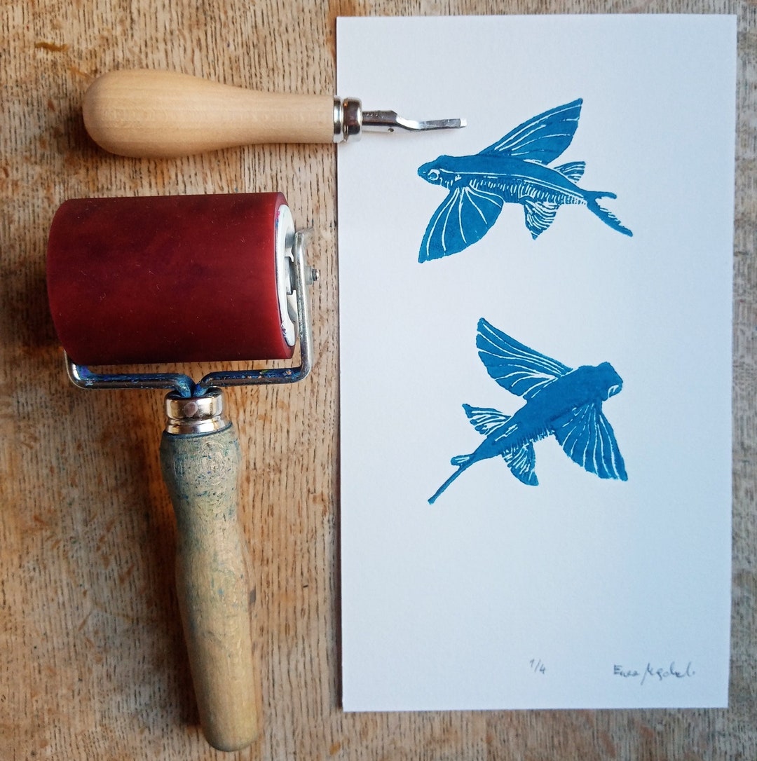 Linocut Flying Fish Original Art Print Hand Carved and - Etsy