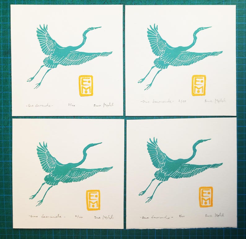 Linocut Crane Emerald Bird, Original Art Print, Nature Art, Limited ...