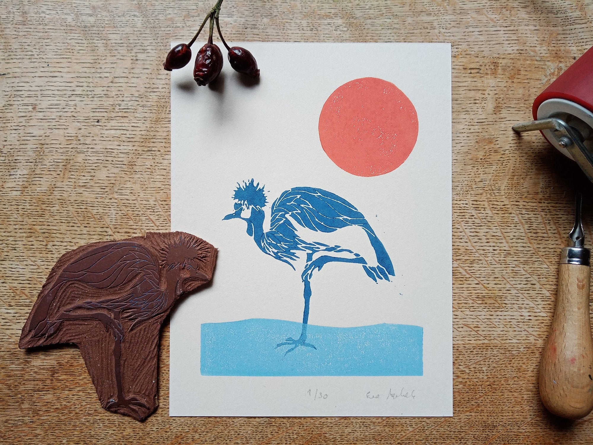 Linocut Print Crane in the Sun - Original Art Print, Nature Art ...