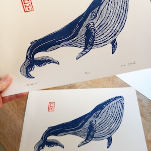 Linocut Whale - Original Art Print, Hand Engraved and Printed, Marine ...