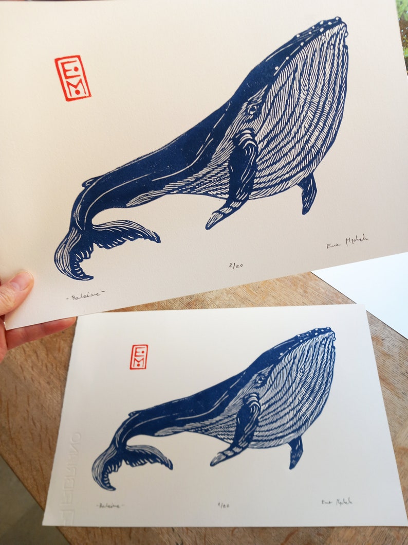 Linocut Whale Original Art Print Hand Engraved and Printed - Etsy