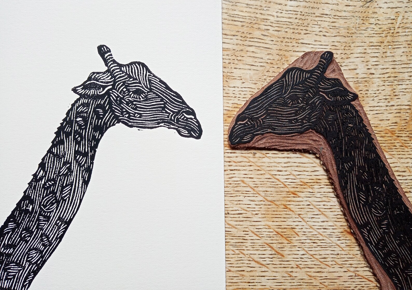 Linocut Print Giraffe - Original Art Print, Black and White, Animal ...
