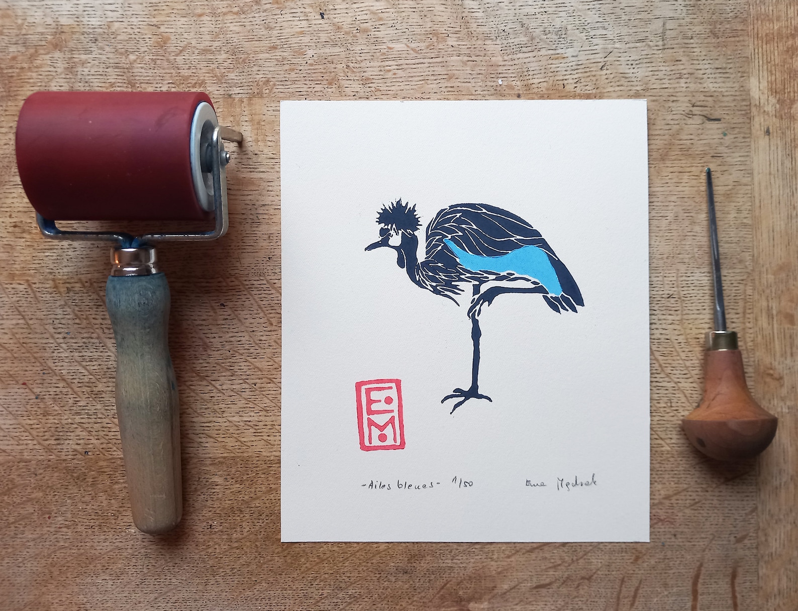 Linocut Blue Wings Original Art Print Animal Art Cabinet - Etsy