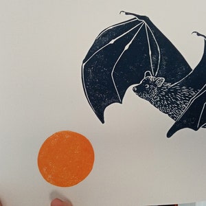 Linocut Print Bat Hunting - Original Art Print, Nature Wall Art ...