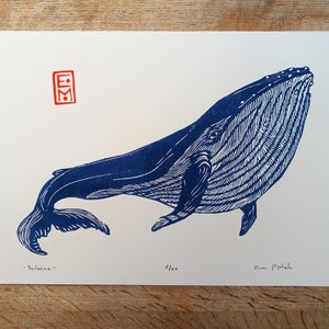 Linocut Whale - Original Art Print, Hand Engraved and Printed, Marine ...
