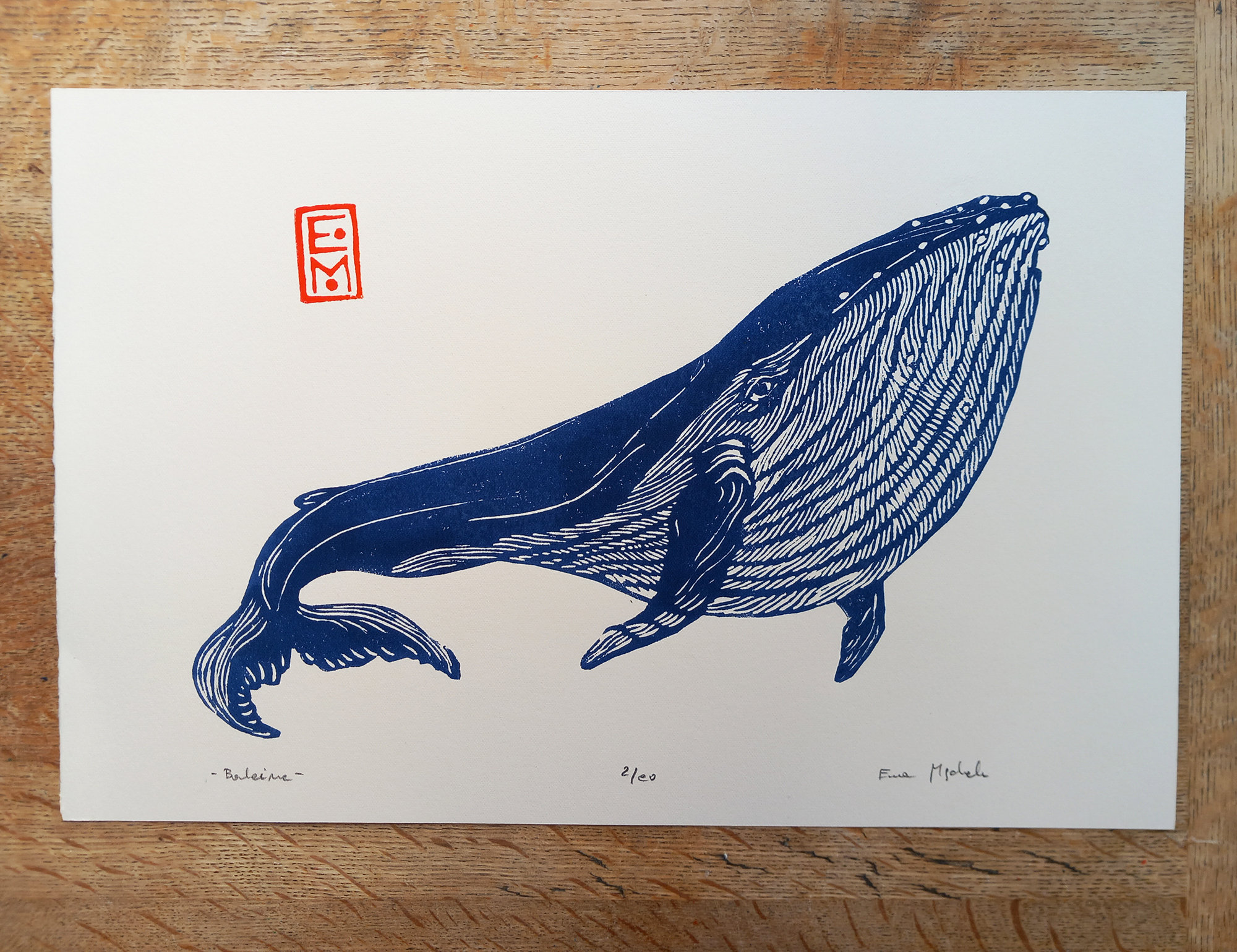 Linocut Whale - Original Art Print, Hand Engraved and Printed, Marine ...