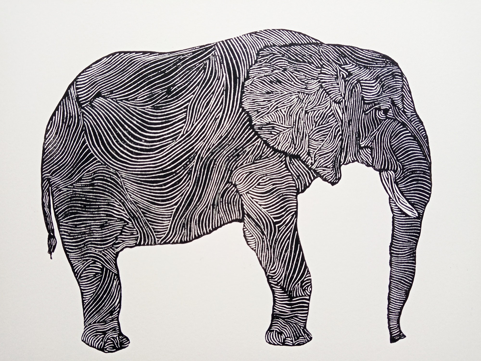 Linocut Elephant - Original Art Print, Savannah Animals, Nature Wall ...