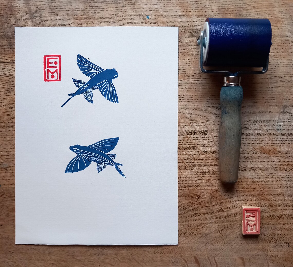 Linocut Flying Fish, Original Art Print, Hand Carved and Printed ...