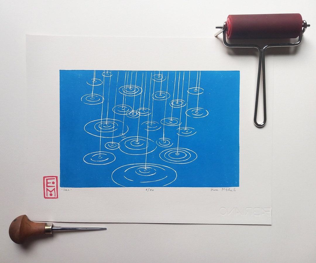 Linocut Lake - Original Art Print, Nature Wall Art, Minimalist ...