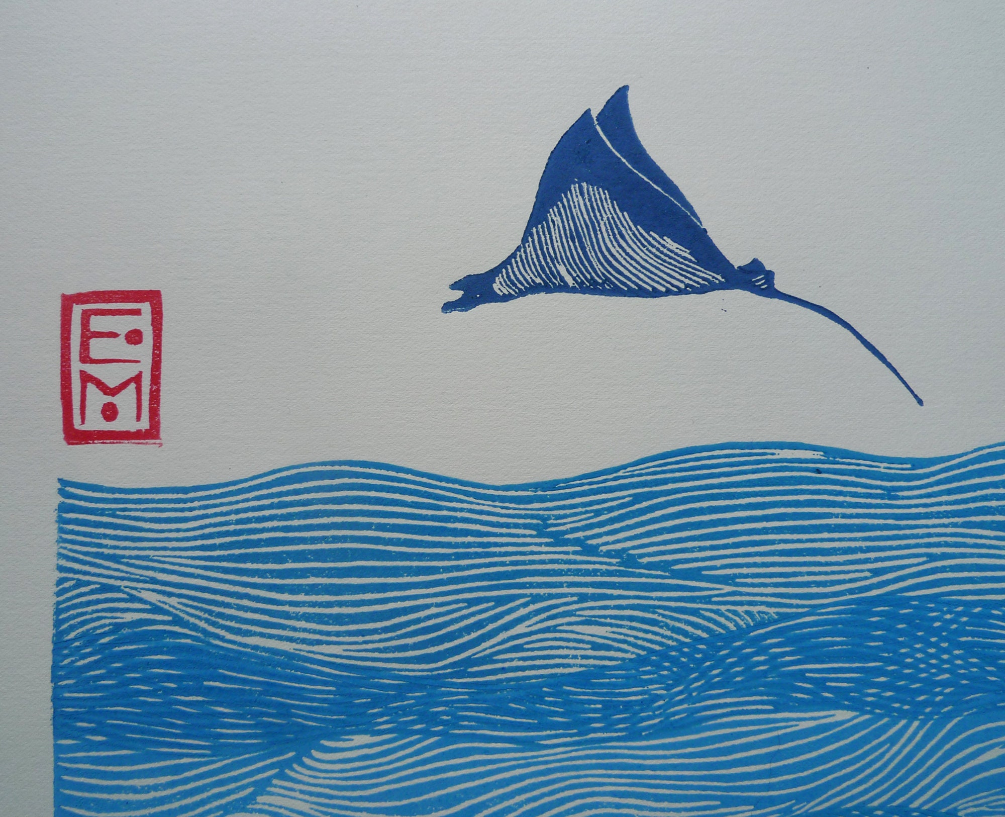 Linocut Into the Ocean1 - Original Art Print, Rays, Limited Edition ...