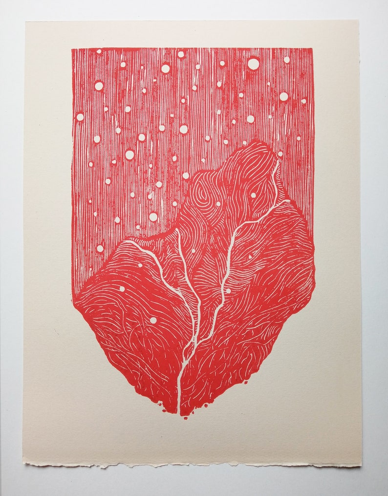 Linocut Red Meteorite Original Art Print Minimalist - Etsy