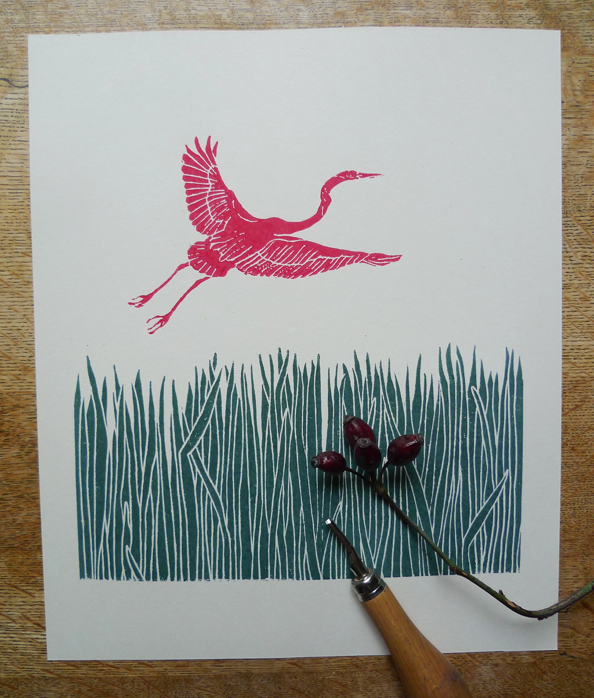 Linocut Crane Original Art Print Ready for Frame Nature | Etsy UK