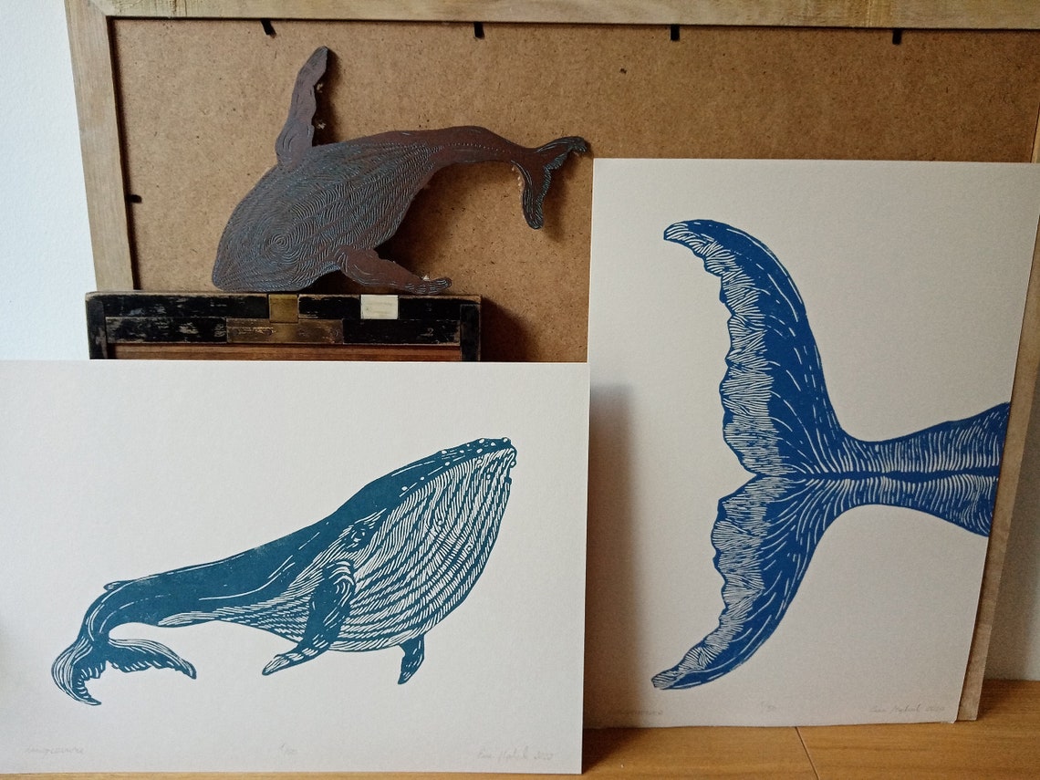 Linocut Fin Whale - Original Art Print, Engraved and Printed by Hand ...