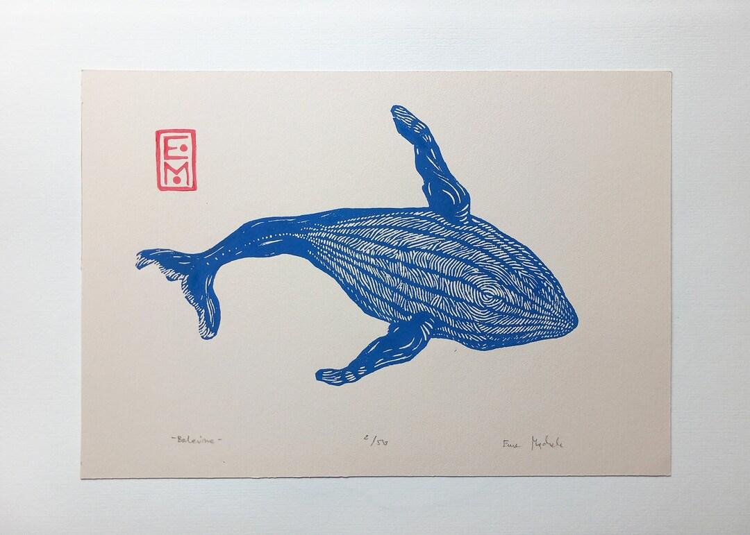 Linocut Whale - Original Art Print, Hand Engraved and Printed, Marine ...
