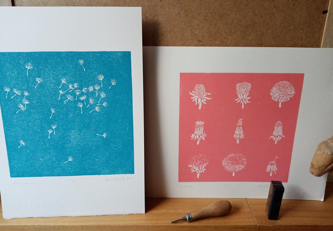 Linocut Print Dandelion, Original Art Print, Life Cycle of a Flower ...