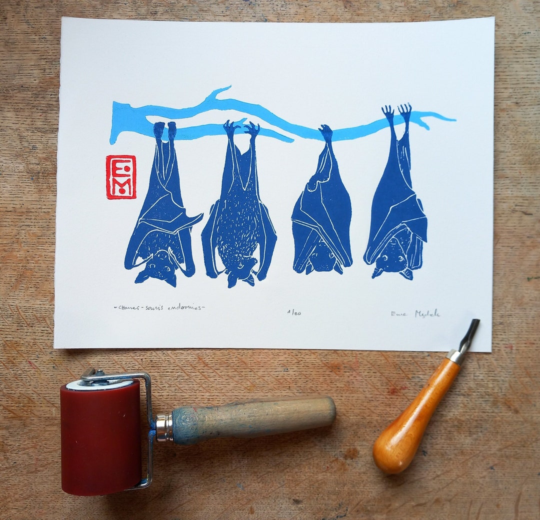 Linocut Sleeping Bats Original Art Print, Nature Art, Zoological ...