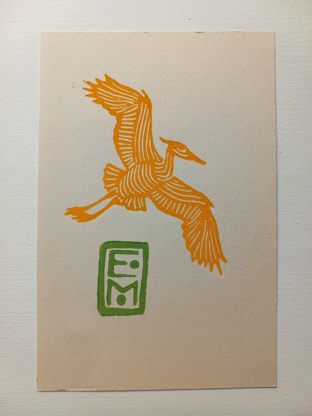 Linocut Yellow Crane, Original Art Print, Ready for Frame Nature Art ...