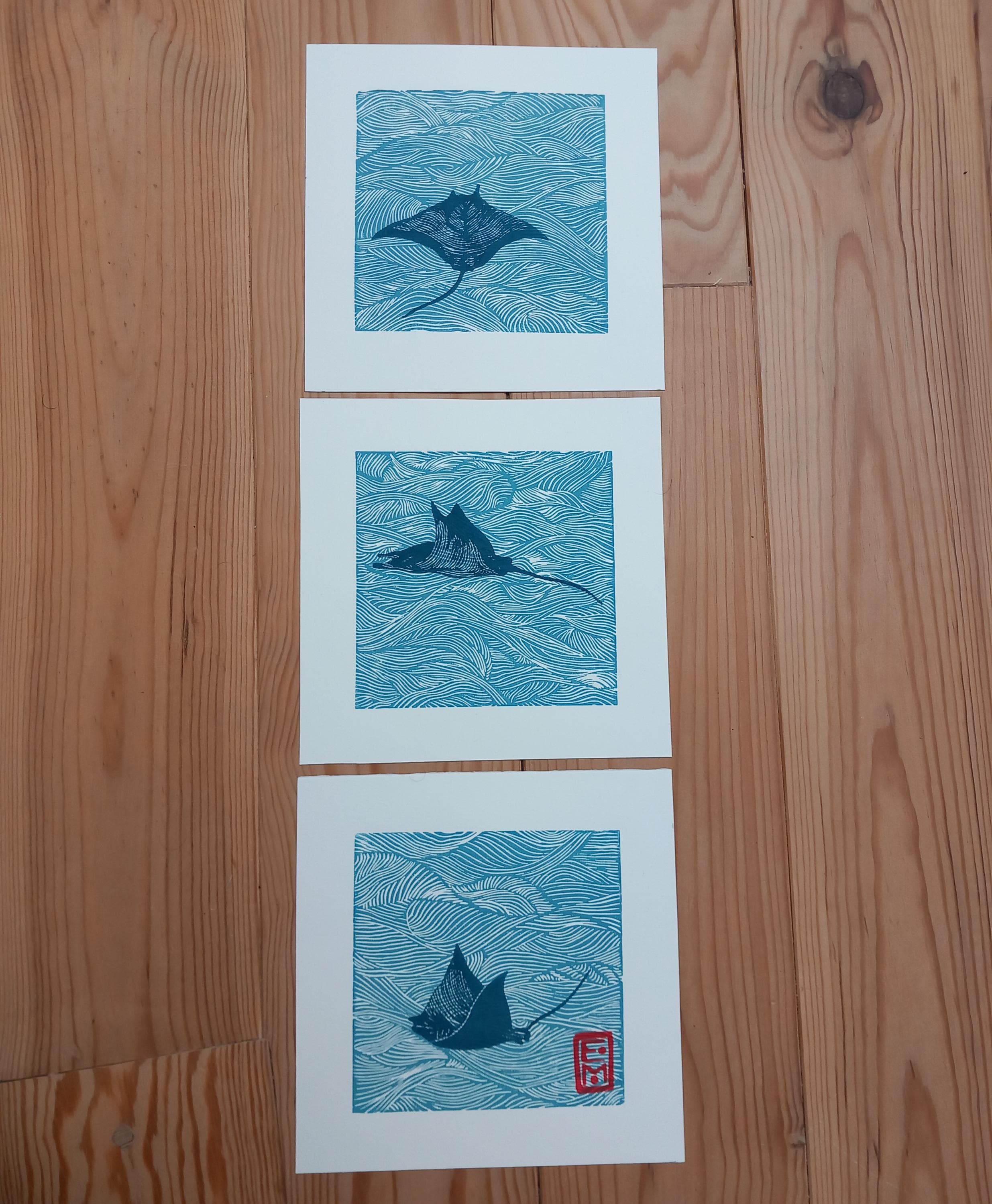 Linocut Triptych Swim - Original Art Print, Poetic Illustration, Marine ...