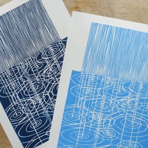 Linocut Print RAIN Blue - Original Art Print, Nature Wall Art, Limited ...