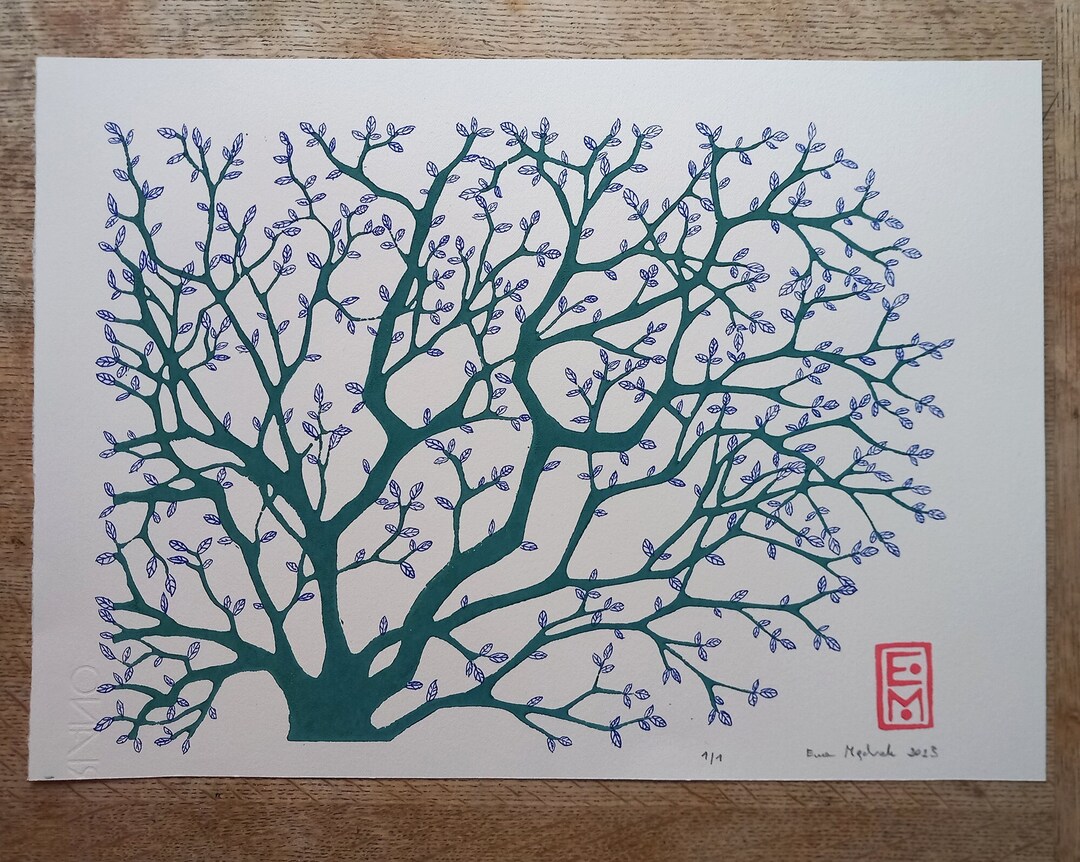 Linocut and Drawing Leaves, Original Artwork, Mixed Media, Contemporary ...