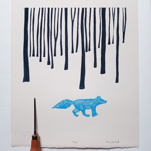 Linocut Print Fox in the Forest - Original Art Print, Hand Engraved and ...