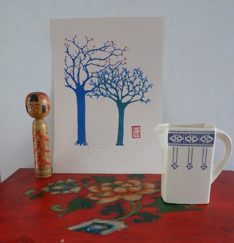 Linocut and Drawing Two Trees Original Artwork Mixed Media - Etsy