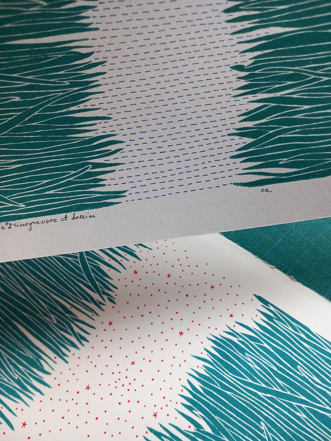 Linocut and Drawing "in the Grass No.2", Original Artwork, Mixed Media ...