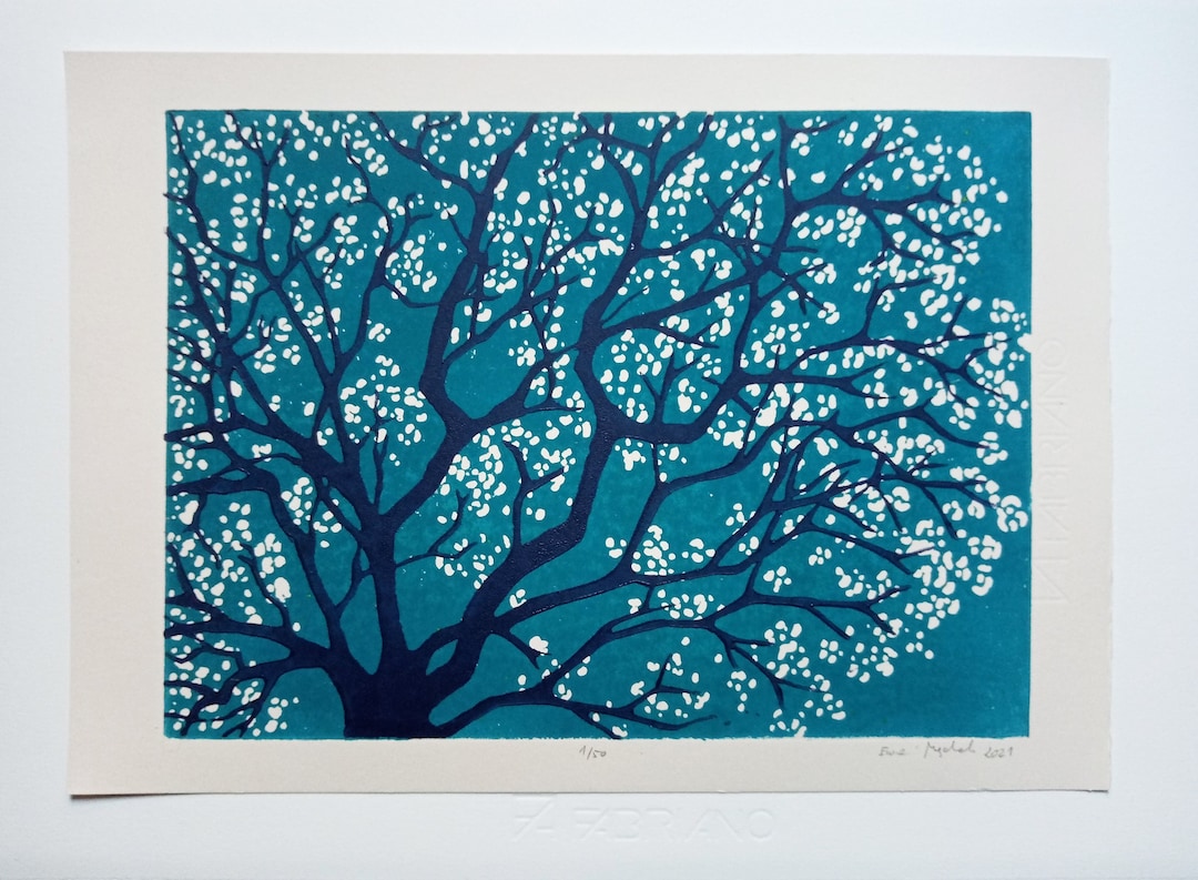 Linocut Blooming Tree, Original Art Print, Floral Art, Spring, Limited ...