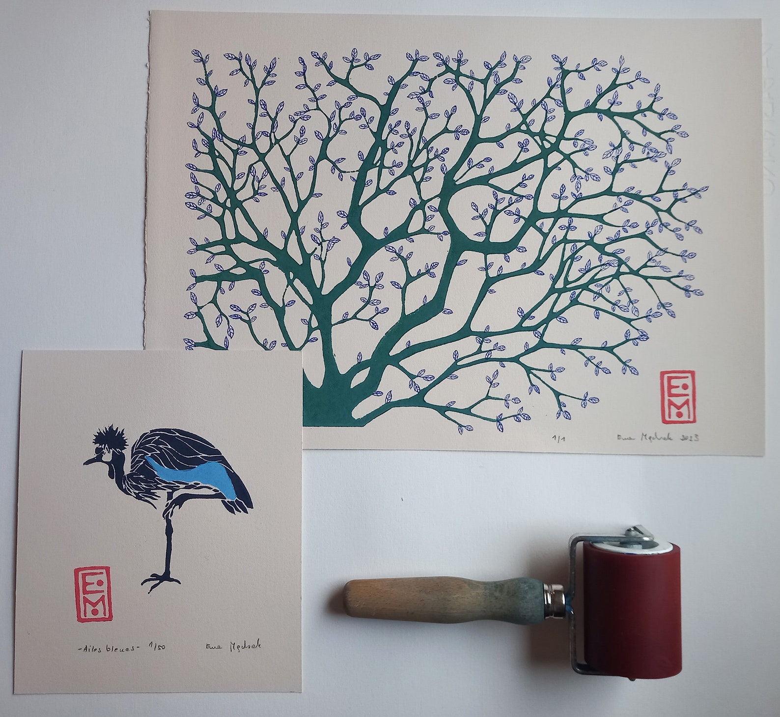 Linocut Blue Wings Original Art Print Animal Art Cabinet - Etsy