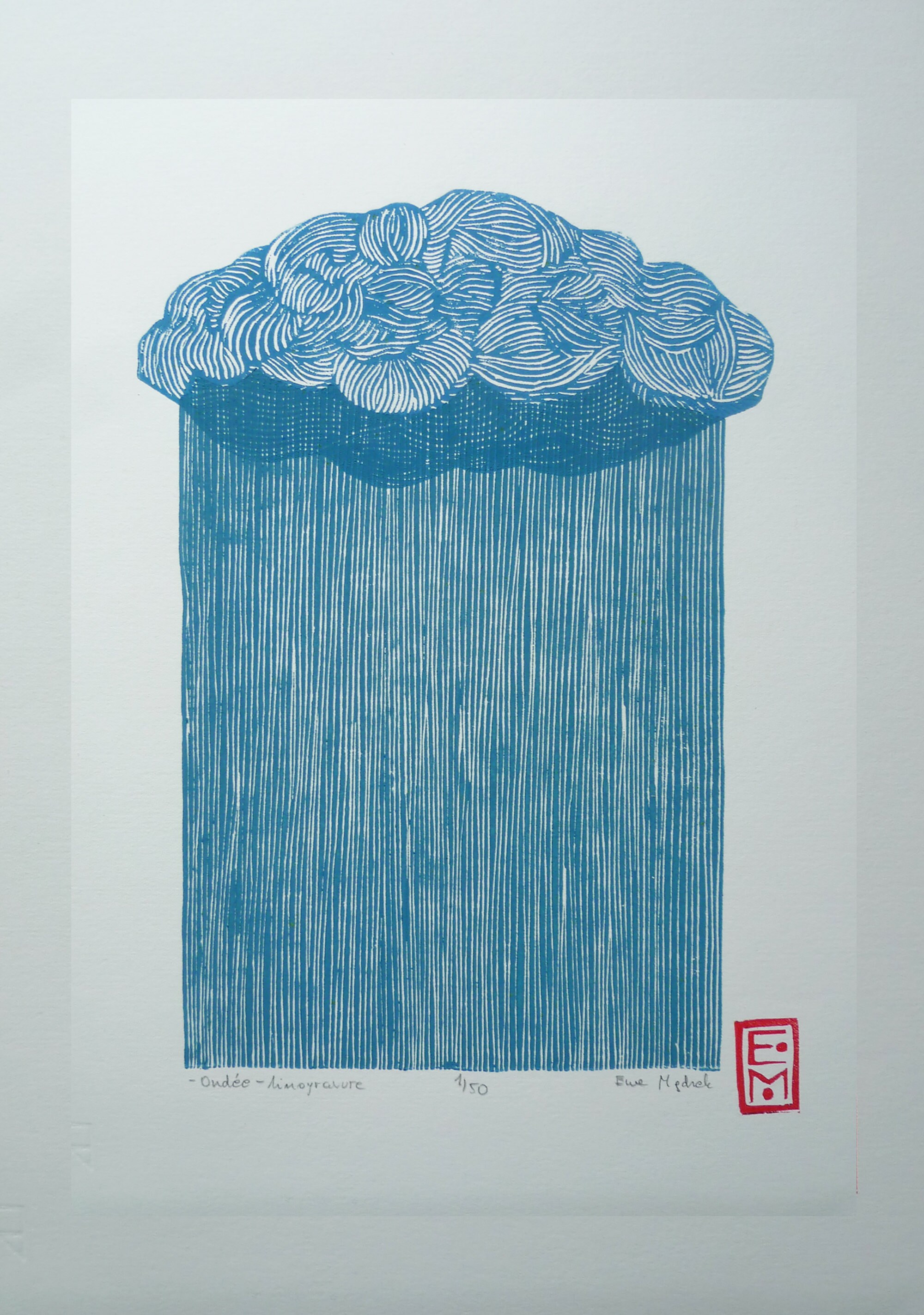 Linocut Heavy Rain - Original Art Print With a Red Monogram, Nature ...