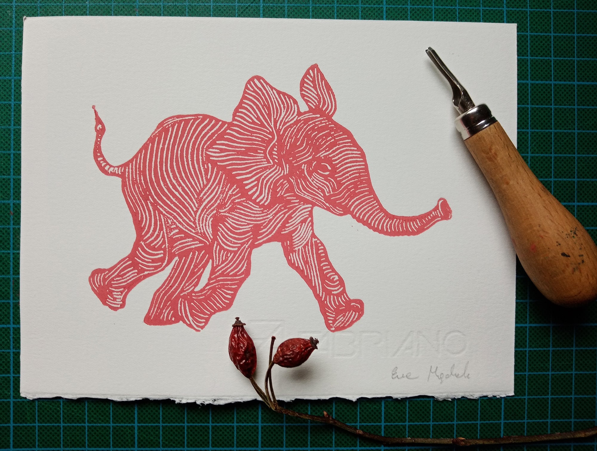 Linocut Print Small Elephant - Original Art Print, African Animals ...