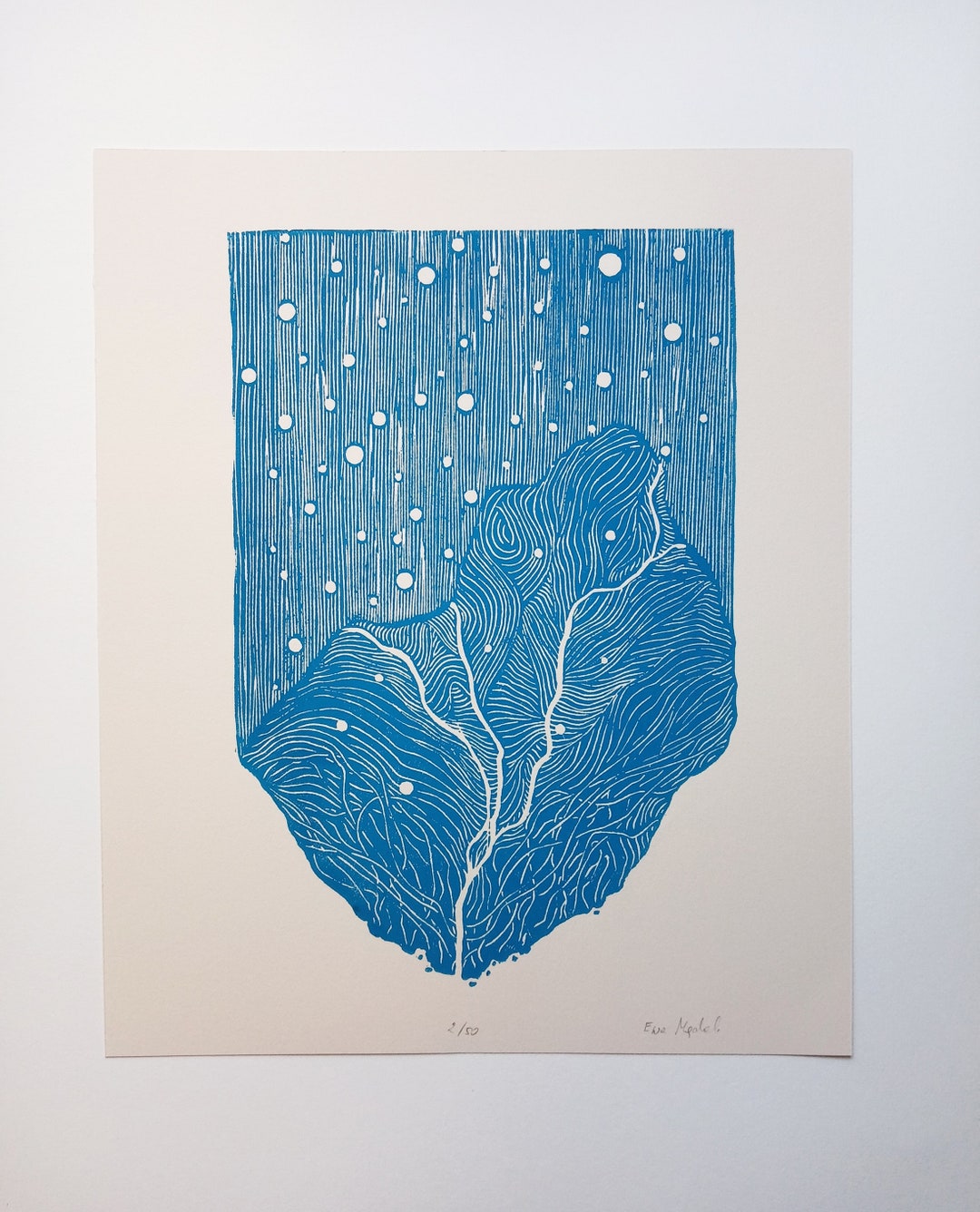 Meteorite Linocut, Original Art Print, Blue Wall Art, Original Nature ...