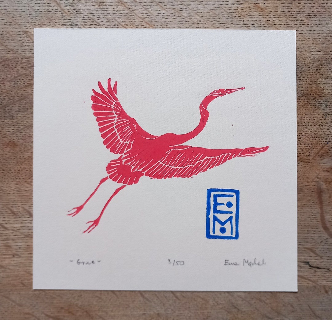Linocut Crane Bird, Original Art Print, Ready for Frame Nature Art ...