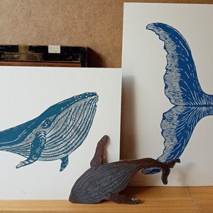 Linocut Whale - Original Art Print, Hand Engraved and Printed, Marine ...