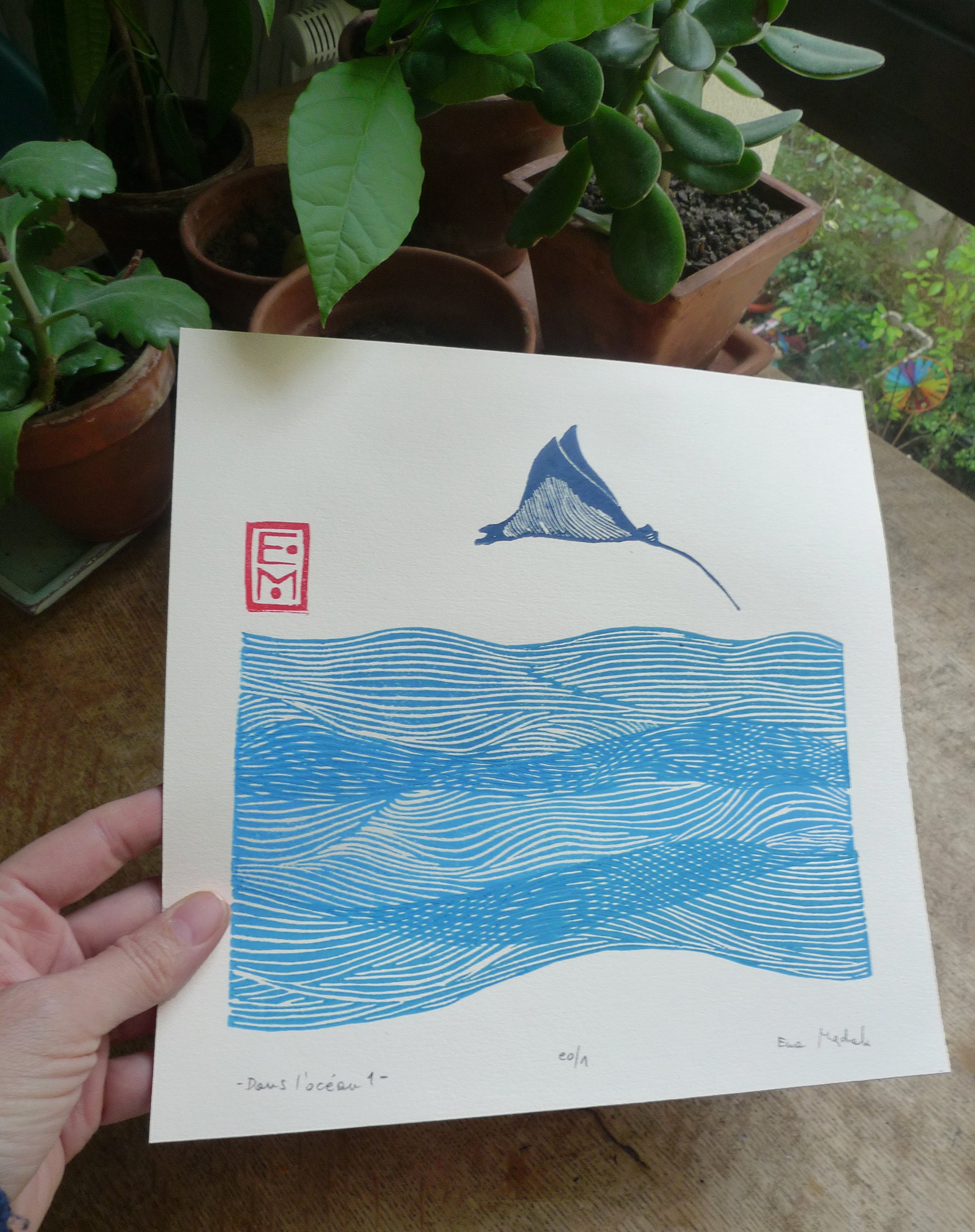 Linocut Into the Ocean1 - Original Art Print, Rays, Limited Edition ...