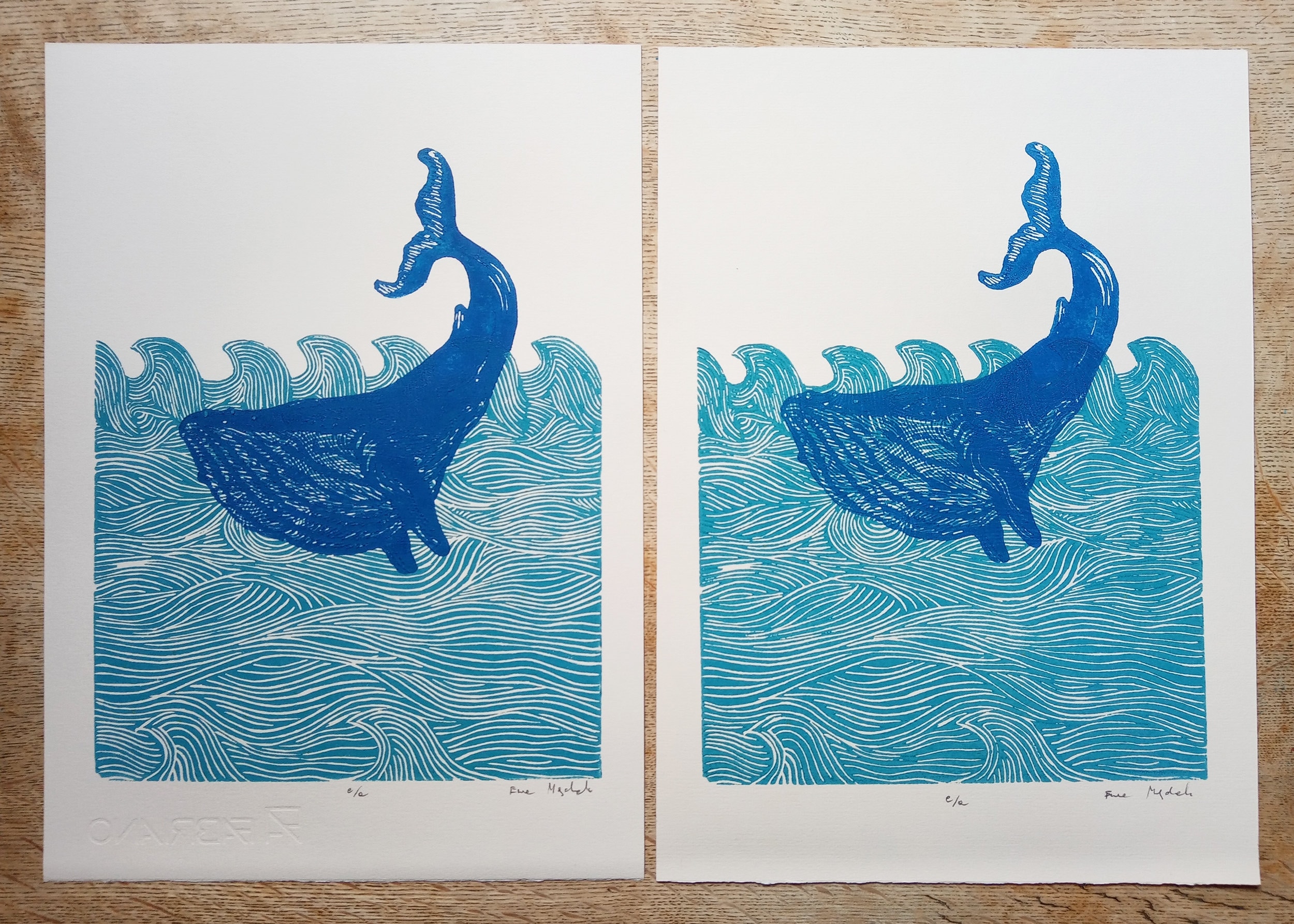 Linocut Into the Ocean - Original Art Print, Blue Whale, Limited ...