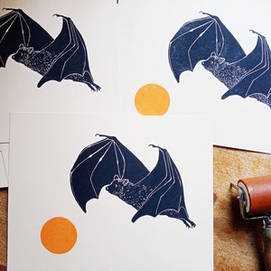Linocut Print Bat Hunting - Original Art Print, Nature Wall Art ...