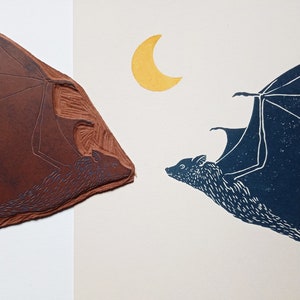 Linocut Bat- Original Art Print, Hand Carved and Printed, Limited ...