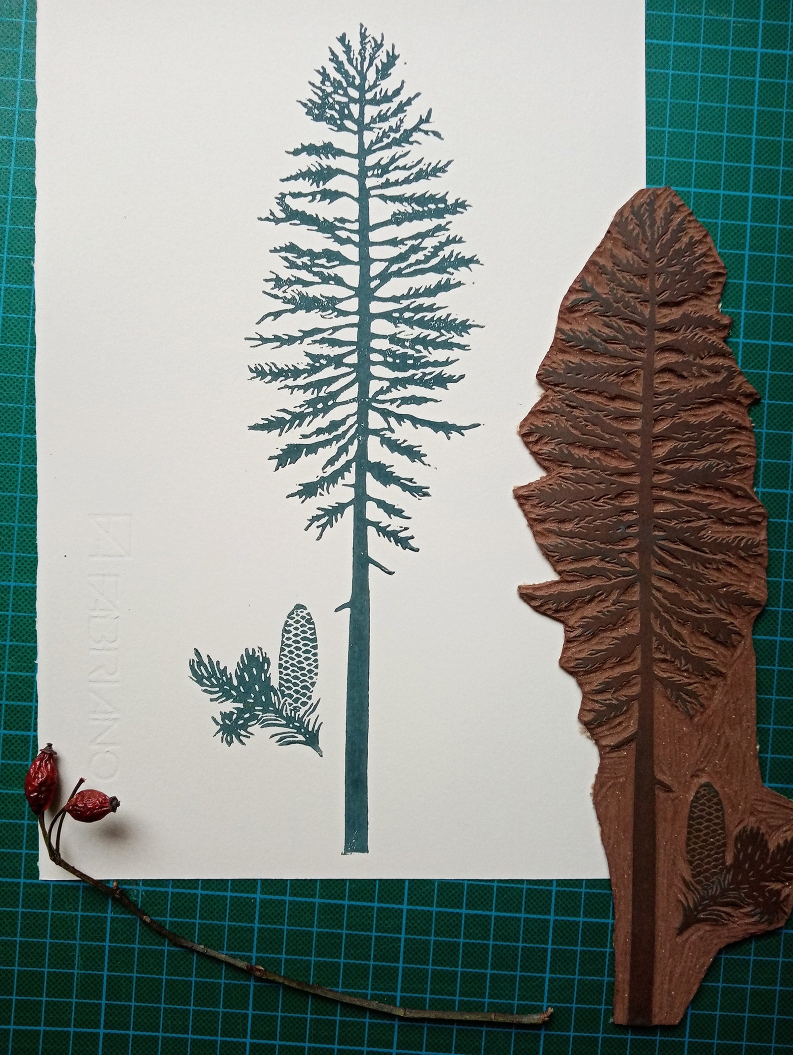 Linocut Fir Original Art Print, Botanical Illustration, Housewarming ...