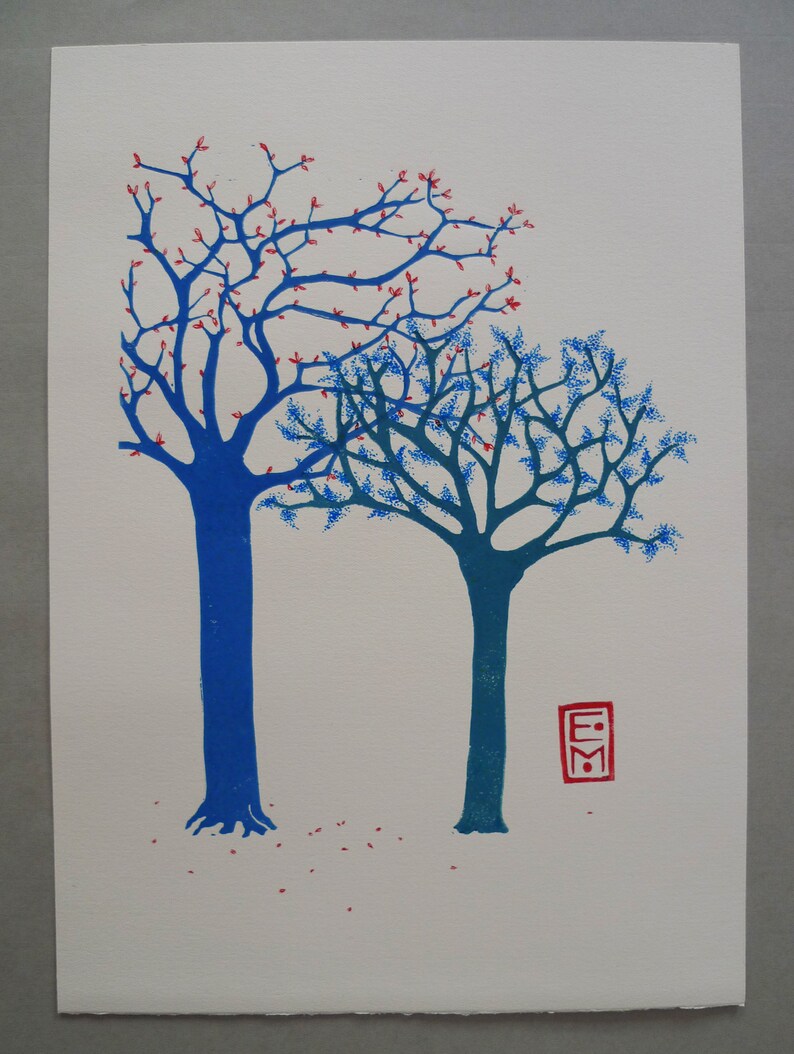 Linocut and Drawing Two Trees Original Artwork Mixed Media - Etsy