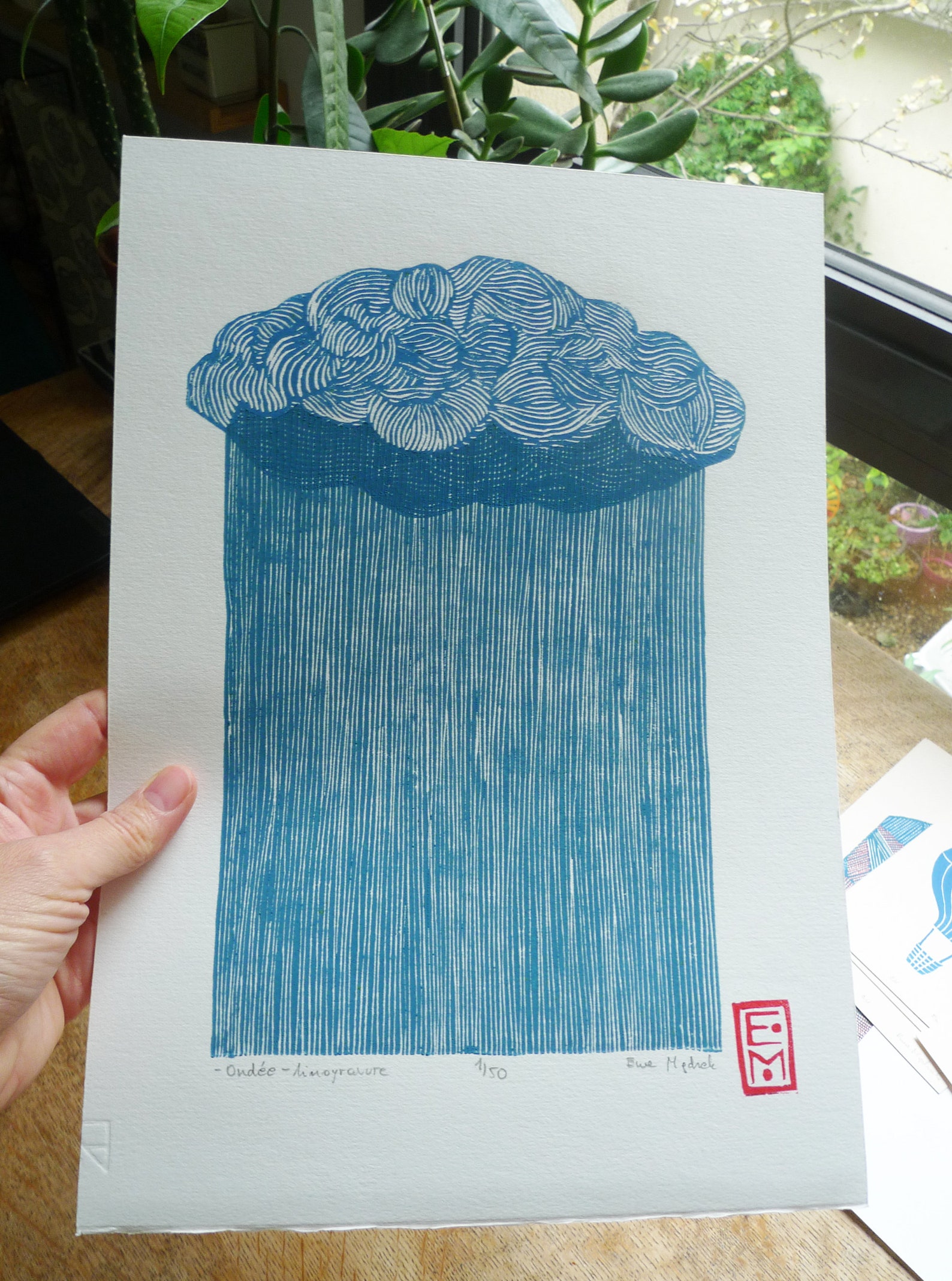 Linocut Heavy Rain Original Art Print With a Red Monogram - Etsy