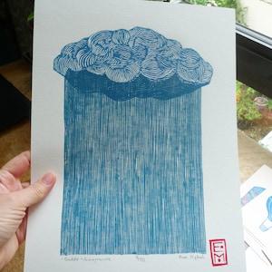Linocut Heavy Rain - Original Art Print With a Red Monogram, Nature ...