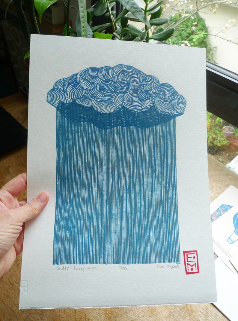 Linocut Heavy Rain - Original Art Print With a Red Monogram, Nature ...