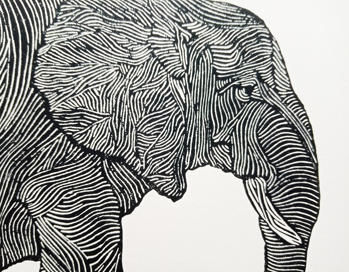 Linocut Elephant - Original Art Print, Savannah Animals, Nature Wall ...